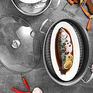 GOVNPJ Stainless Steel Fish Steamer, Fish Steamer for Cooking Multi-Use Oval Pasta Pot/Braiser with Rack, Ceramic Pan, Chuck, Stockpot for Steaming Fish, Boiling Soup