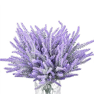 XONOR 12 Bouquets Artificial Flocking Lavender Flowers Fake Lavender Plant for Wedding Home Decor Office Table Garden Patio Decoration (Purple)