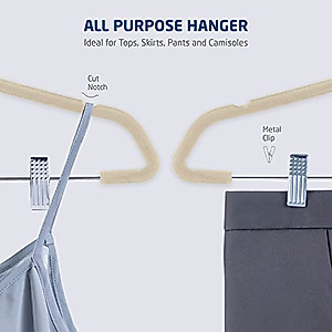 Zober Velvet Hangers with Clips - Pack of 20 Metal Clip Hangers for Pants - Notched Ivory Velvet Skirt Hangers for Pants, Skirts, Suits, Dresses & Shirts w/ 360 Degree Hook - Non Slip Felt Hangers