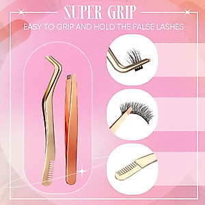 Lasnten 4 Pcs Eyelash Applicator Tool, Lash Tweezers for Eyelash Extensions, Stainless Steel Lash Cluster Tweezers Brush with Little Boxes, DIY Lash Applicator Tweezers Set(Gold)