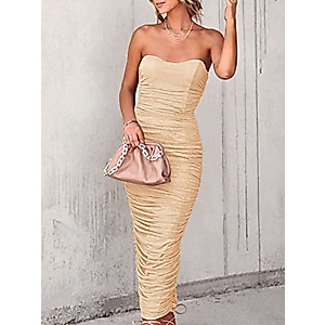 ANRABESS Women Ruched Bodycon Dress 2023 Summer Sexy Strapless Sleeveless Slit Party Cocktail Club Night Dresses Elagant Wedding Guest Evening Graduation Prom Dress 883qianxing-M Apricot