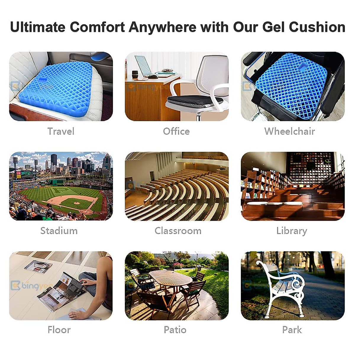 bingyee Gel Seat Cushion 1.8 Inch Thick Double Gel Orthopedic Seat Cushion Pad for Pressure Relief Gel Sits Perfect for Office Chair, Car, Home, Wheelchair Sweatless Chair Pads