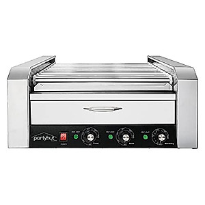 PartyHut 30 Hot Dog Roller Warmer Grill Cooker Machine, Commercial Grade, (with Bun Warmer Drawer, 11 Non-Stick Rollers, 30 Hot Dog Sausage Grill Cooker, and Removable Stainless Steel Drip Tray)