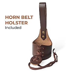 Norse Tradesman Genuine 12" Ox-Horn Viking Drinking Horn with Antique Brass Rim & Wolf Tip, Brown Leather Belt Holster, Fitted Horn Stand & Burlap Gift Sack - The Fenrir, 12-Inches, Low Polish
