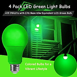 4 Pack LED Green Light Bulbs - A19 9Watts with E26 Base 60w Equivalent LED Green Bulb for Wedding Halloween Christmas Party Bar Decor, Porch, Home/Holiday Lighting, Decorative Illumination Green Bulb