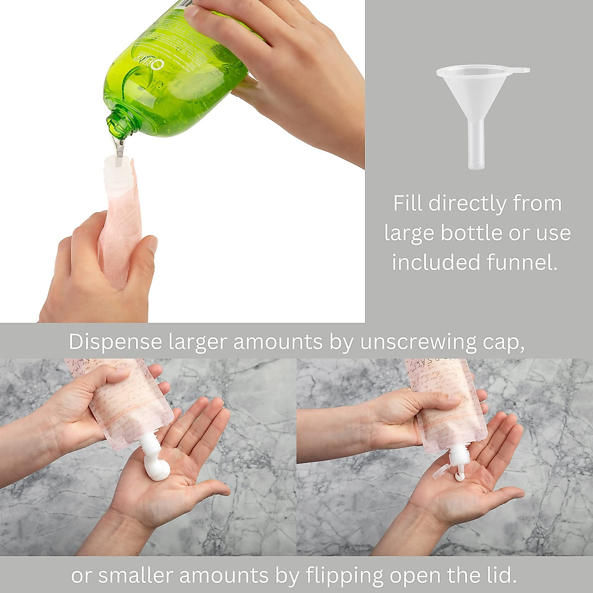 BORSALI Travel Bottles for Toiletries, TSA Approved 3 oz Travel Size Containers for Liquids, Flat Refillable Empty Squeeze Pouches for Shampoo & Conditioner, 18 Piece Set with TSA Approved Bag - Taupe