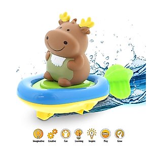 Dollibu Boat Racer Buddy, Fun Educational Bath Toy Finger Puppet Pull and Go Water Racing Woodland Pal for Shower Pool Bathtub Swim Hard Surface for Baby Toddler and Boy - 6 Inch - 3 in 1 Game - Moose