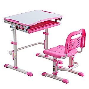 Desks and Chair Set Height Tilt Desktop Adjustable Table with Hook and Storage Drawer for Boy and Girls, White Pink