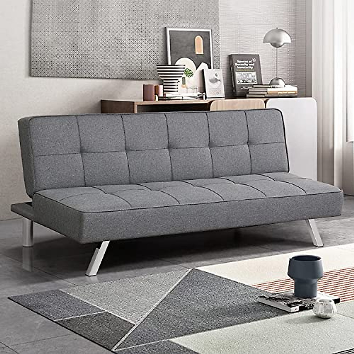 Majnesvon Convertible Folding Futon Sofa Bed,Modern Fabric Sleeper Couch Bed,Recliner Sofa with Chrome Legs for Living Room Dorms Apartment Office Grey