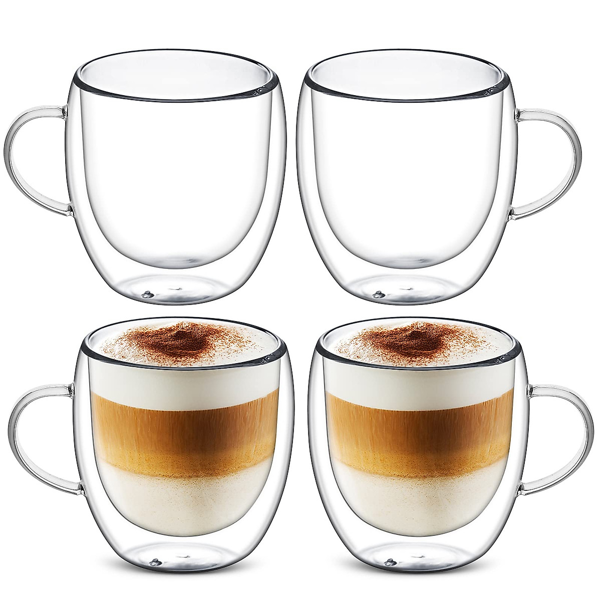 Set of 4 Cappuccino Glass Mugs,Double Wall Insulated Coffee Mugs,Clear Glass Mugs with Handle,Glass Coffee Cups,Perfect for Latte, Americano, Espresso,Cappuccinos,Tea, Beverage(250ml /8.45oz)