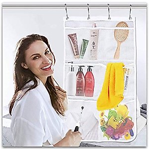 Yihoon Mesh Shower Caddy Curtains Organizer - Hanging Bathroom Shower Curtain Rod/Liner Hooks Accessories with 6 Pockets Save Space in Small Bathroom Tub 4 Rings