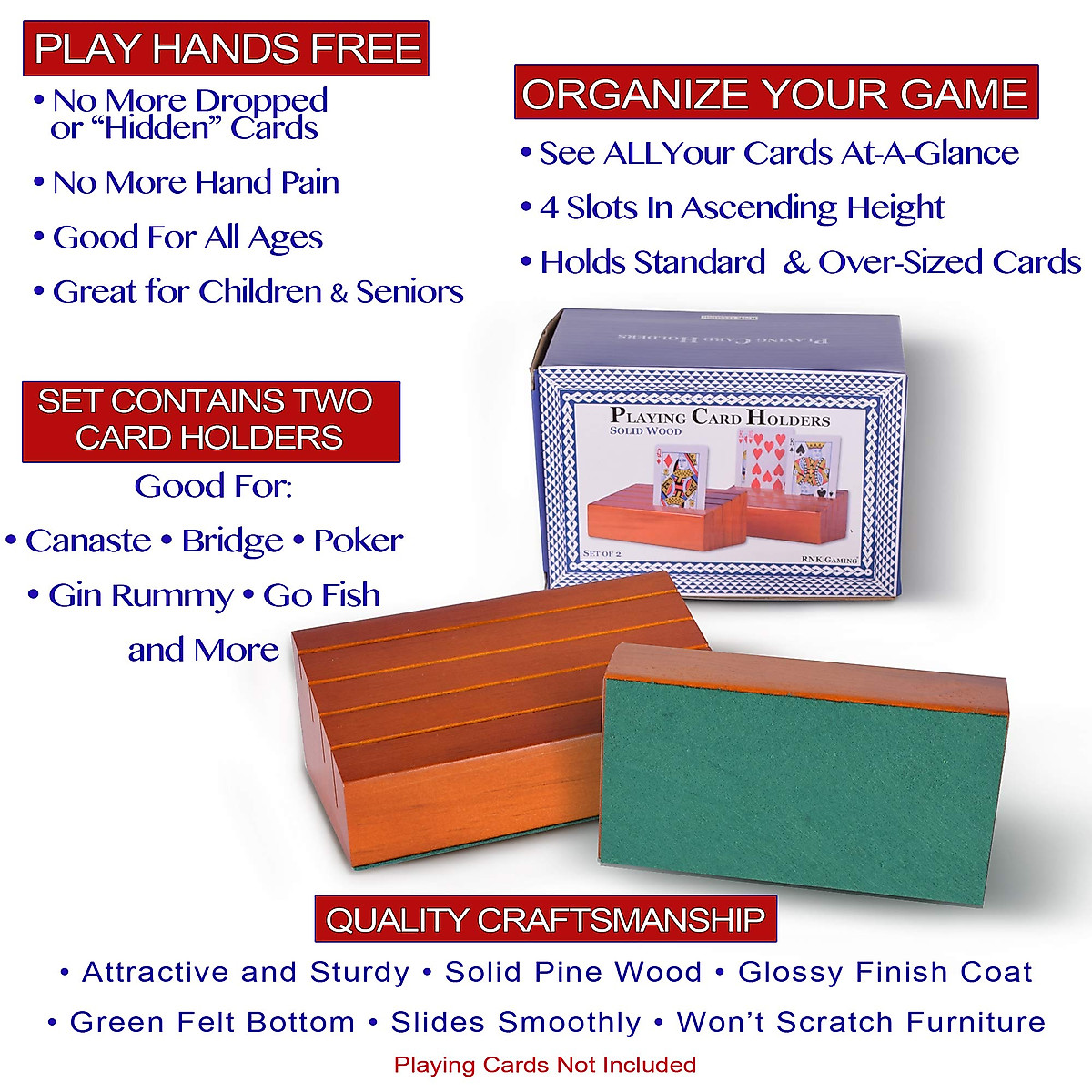 RNK Gaming Card Holders for Playing Cards Set of 2 Wooden Cardholder for Kids, Adults, & Seniors