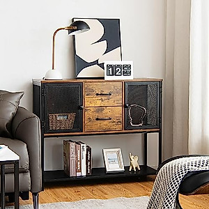 QZWCQ Buffet Storage Cabinet, 39" Kitchen Sideboard with Open Shelf, Industrial Buffet Sideboard Kitchen Cupboard with Metal Mesh Doors & 2 Drawers for Kitchen Hallway Entry Living Room Dining Room