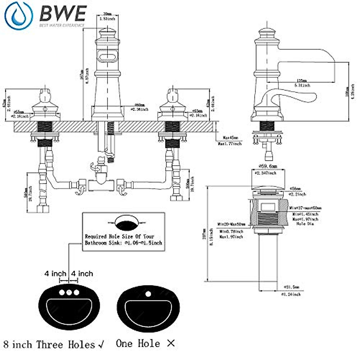 BWE Waterfall Widespread Bathroom Faucet 3 Hole Sink Farmhouse with Oil Rubbed Bronze Bath Bathtub Faucets Pop Up Drain Stopper Assembly and Supply Line Lead-Free 8-16 Inch 2 Handle Vanity Lavatory