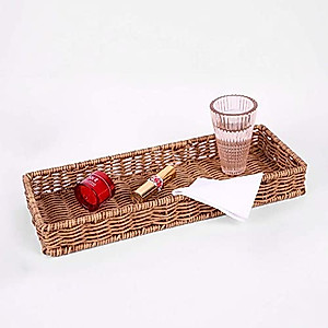 Rectangular Bathroom Tray, Guest Towel Napkin Holder, Imitated Rattan Toilet Tank Basket, Counter Organizers Storage Decorative Tray for Drinks Snack Fruit Home Decor (14'' x 5.3'' x 1.8'')