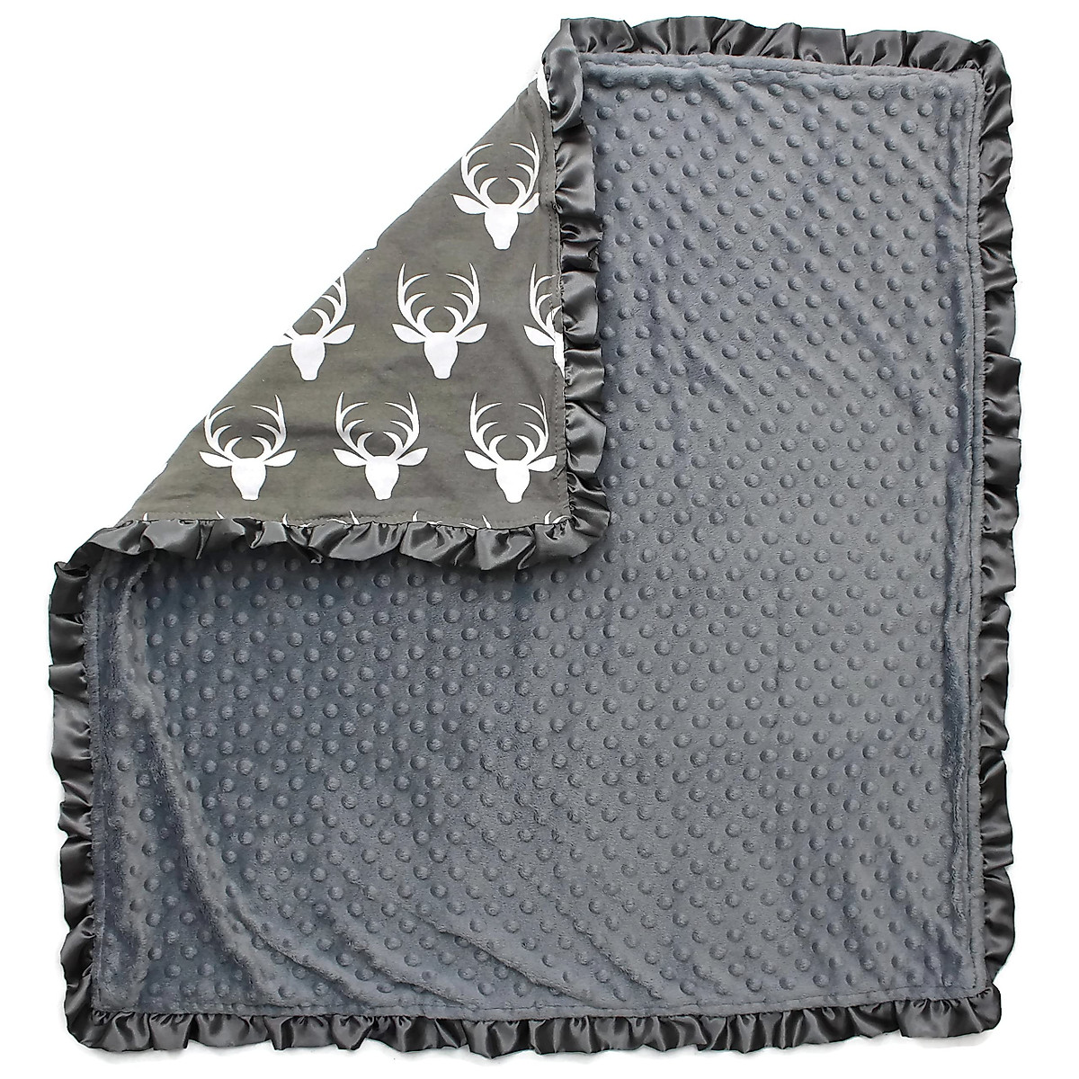Dear Baby Gear Deluxe Double Layer Baby Blanket - Gender Neutral Infant Blankets for Girls & Boys - Nursery Blanket for Newborn - Faux Quilt Soft Toddler Blankets - Antlers Grey with Ruffles