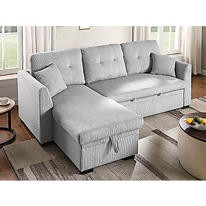 BEEY Small Sleeper Sofa, 82" Convertible L Shaped Couch with Pull Out Bed and Storage Chaise, Corduroy Sectional Sofa Bed for Bedroom, Living Room, Apartment, Light Grey