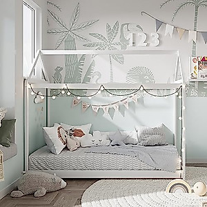 Merax Twin Size Wooden House Bed for Kids,No Box Spring Needed, White