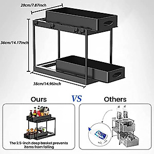 HooySprs 2 Tier Under Sink Organizer with 2 Sliding Drawer Under Cabinet Basket Organizer with Hooks Bathroom Organizer Kitchen Cabinet Organizers