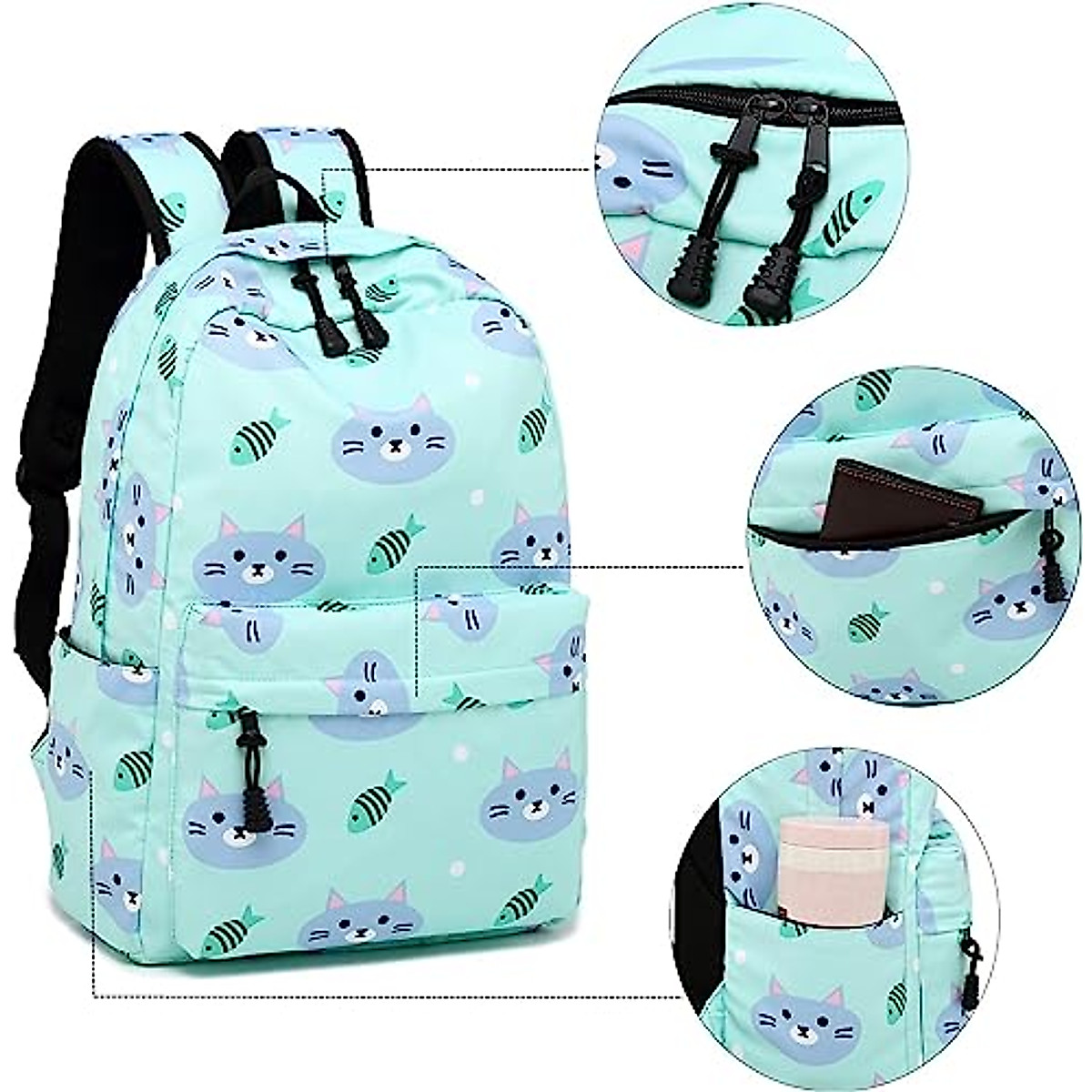 Backpack for School Girls Kids Bookbag Set Water Resistant School Bag with Insulated Lunch Bag (Cat-Water Blue)