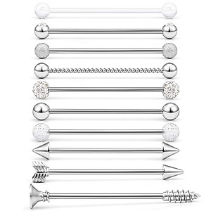 Dyknasz Industrial Bar Earring 14 Gauge 10PCS Matte Gilitter Braided Ball Arrow Screw Crystal CZ Clear Ball Industrial Barbell Cartilage Earrings Body Piercing Jewelry Women Men 1 1/2Inch Silver-Tone