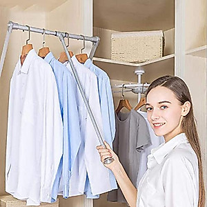 Pull Down Closet Rods, Adjustable 35-48 Inch Wardrobe Rail Lift Collapsible Closet Rod Aluminium Retractable Wardrobe Hanger Clothing Rail Closet Lift Organizer Storage Lift for Wardrobe Bedroom