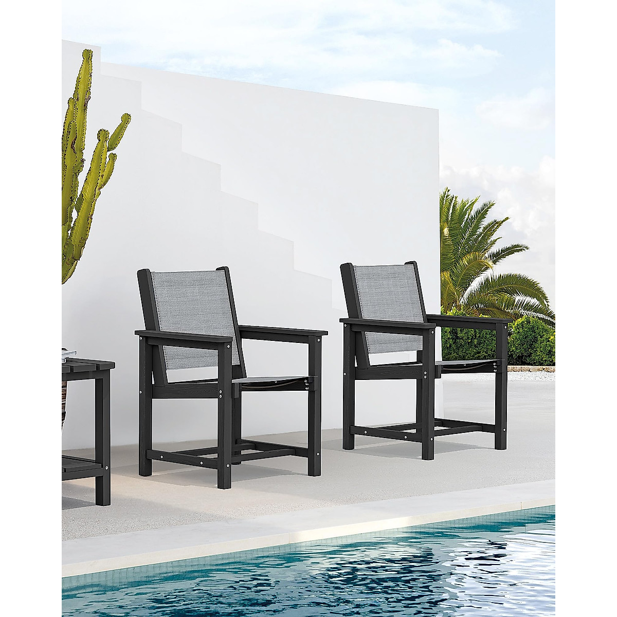 SERWALL Textilene Outdoor Dining Chair Set of 2, HDPE Frame with Textile Chair Seat, Holds up to 300 LBS, All Weather Chairs for Lawn, Garden, Yard and Poolside, Black