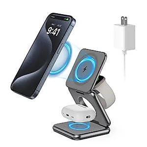KU XIU Foldable Magnetic Wireless Charger, Aluminum Alloy 3 in 1 Charging Station for Apple, Fast Mag-Safe Charger Stand for iPhone 15 14 13 12 Pro/Max/Plus, for AirPods 3/2/Pro,5W for iWatch-Gray