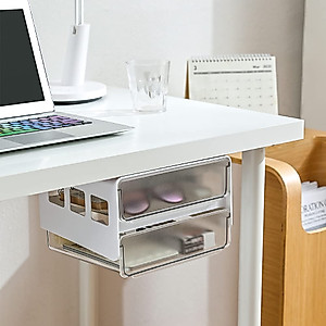 submatches Under Desk Drawer Organizer Slide Out, Hidden Self- adhesive Under Desk Storage Drawer with 2 Layers, Add a Drawer Under Table Storage Pencil Drawer for Office/Classroom/Home, White
