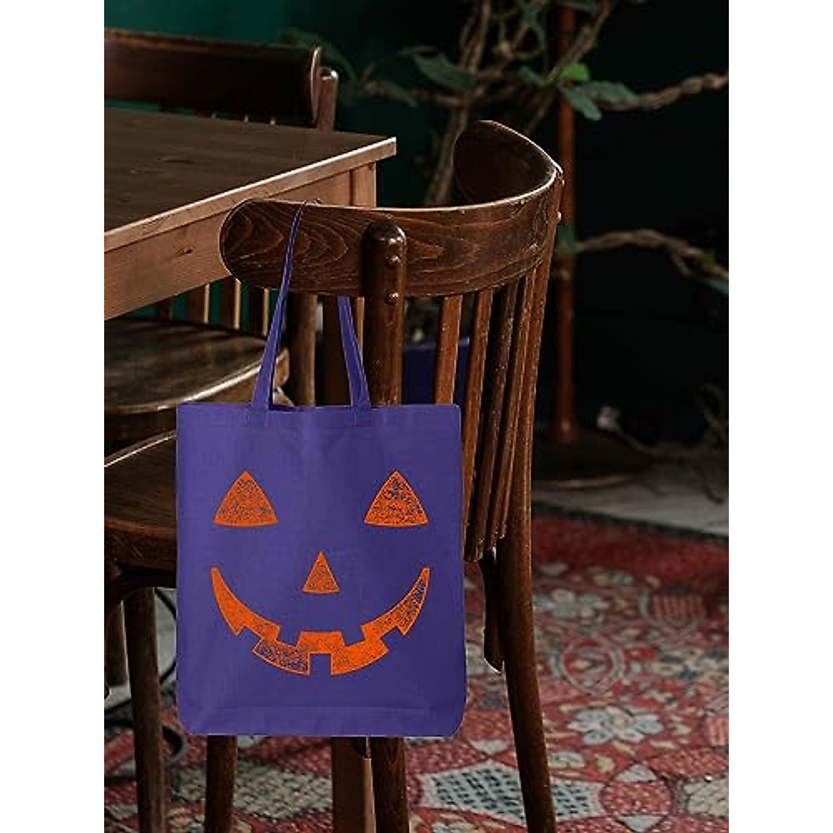 shop4ever Orange Jack O' Lantern Pumpkin Face Halloween Trick or Treat Eco Cotton Tote Reusable Shopping Bag Purple ECO 1