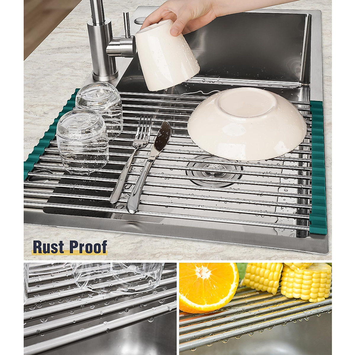 Tomorotec Stainless Steel Roll Up Dish Drying Rack, Foldable Over The Sink Rolling Drainer Rack, Multipurpose Kitchen Gadget Draining Caddy Organizer, Space Saving Sink Accessory Storage Shelf Holder