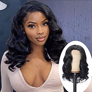 meiliprotea 16" Short Body Wave Synthetic Wig Side Part Bob Wavy Lace Wig Short Wavy Bob Wigs for Black Women 180% Density Ocean Wave Wig Short Wavy Synthetic Lace Front Wig