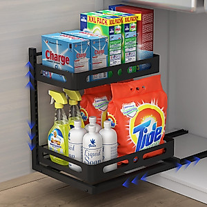 WASUMI Under Sink Organizers, Metal Sliding Cabinet Basket and Storage Organizer 2 Tier Pull Out Cabinet Organizer for Kitchen Bathroom, Large Capacity, Black