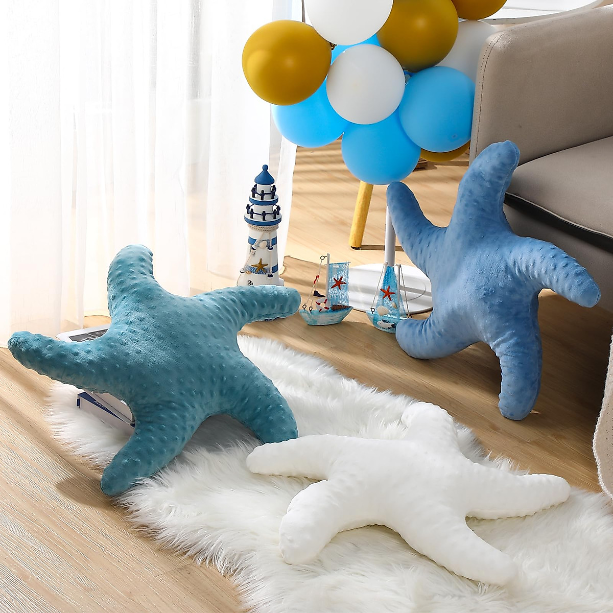 Fumete Starfish Plush Toy Pillow, 3 Pack, 20'' Stuffed Animal, Cute Coastal Decor for Kid Bedroom, Living Room, Sofa Couch (White, Green, Blue)