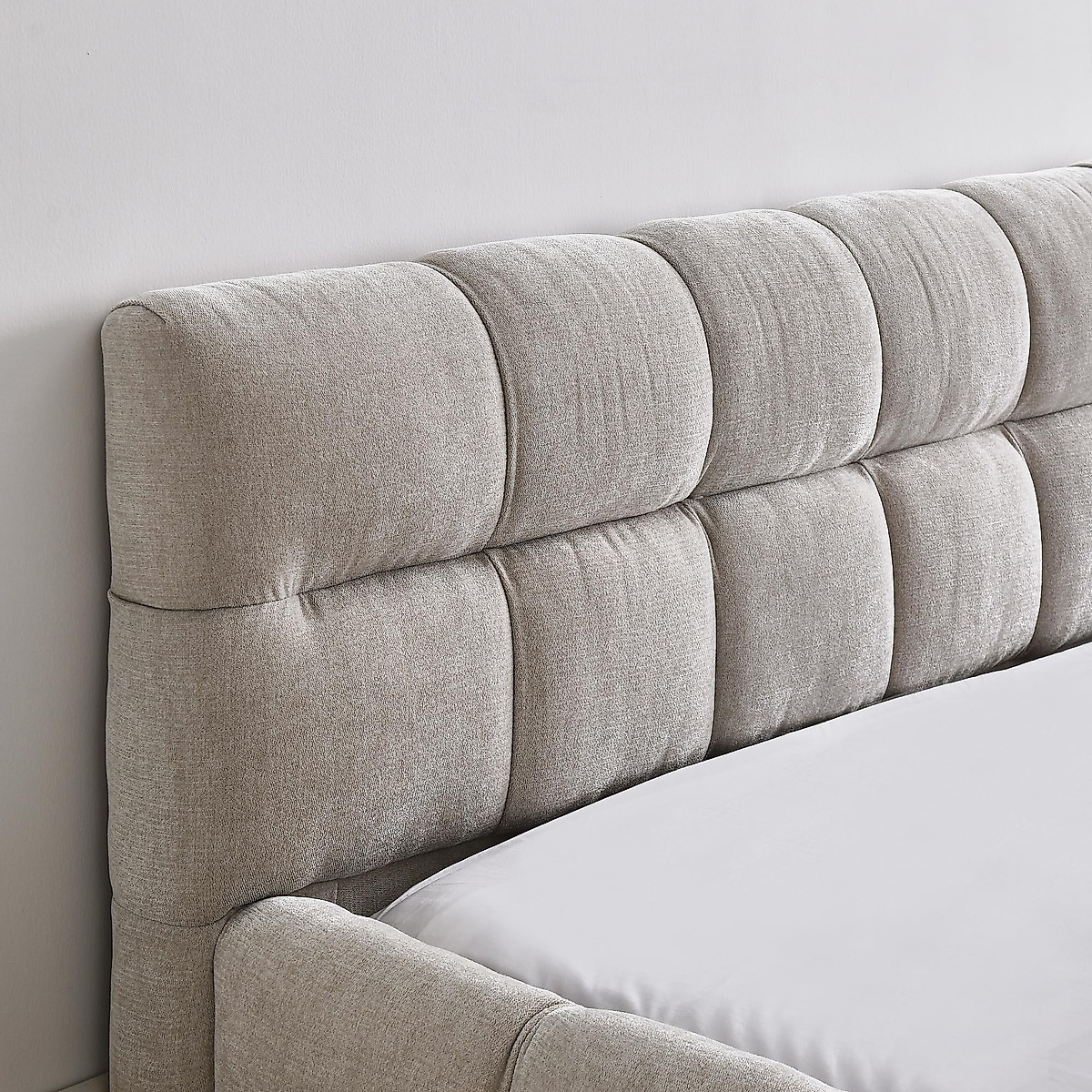 DEINPPA Queen Modern Bed, Chenille Upholstered Platform Bed with Cloud Soft Headboard, Grounded Upholstered Wood Base Platform Bed, Italian Style Modern Beds-Beige