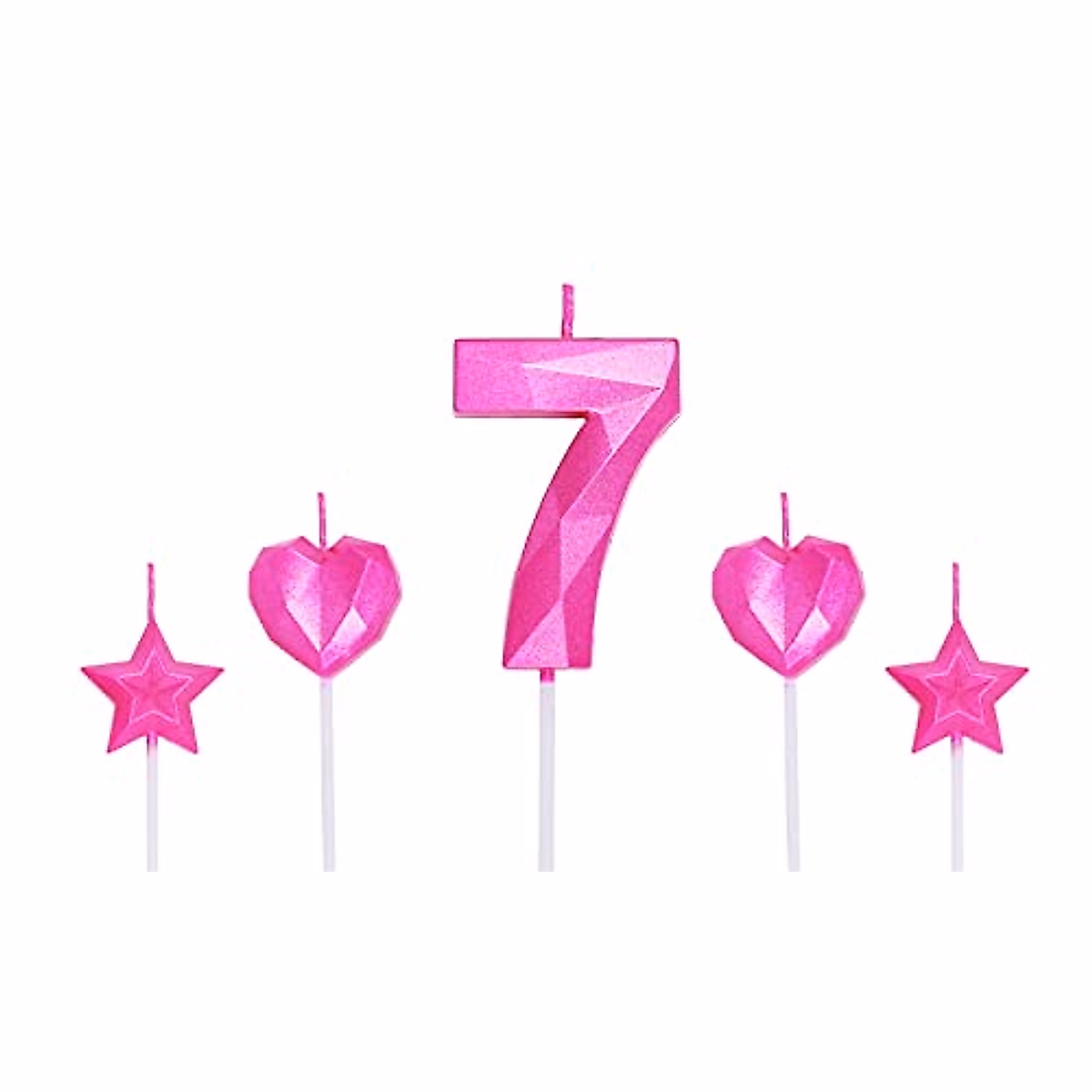 Pink Number 7 Candles and Star Heart Candles 2.76 inch Number Candles for Birthday Cakes 3D Diamond Shaped for Cake Decorations(Pink Candle 7)