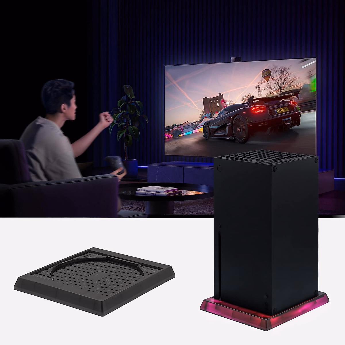 Mcbazel LED Lights Stand for Xbox Series X/S Console, Music Sync Multi-Colour Vertical Console Stand Base with IR Remote/APP/USB Control for Xbox Series X/S Game Console - Black