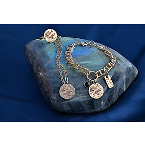 GOVENUS Astrology Zodiac Sign Pisces Bracelet,14K Gold Plated Brass Antique Coin Pendant And Onyx Charm With 7 Inches Adjusted GICCI Chain,Perfect Gifts For Womens