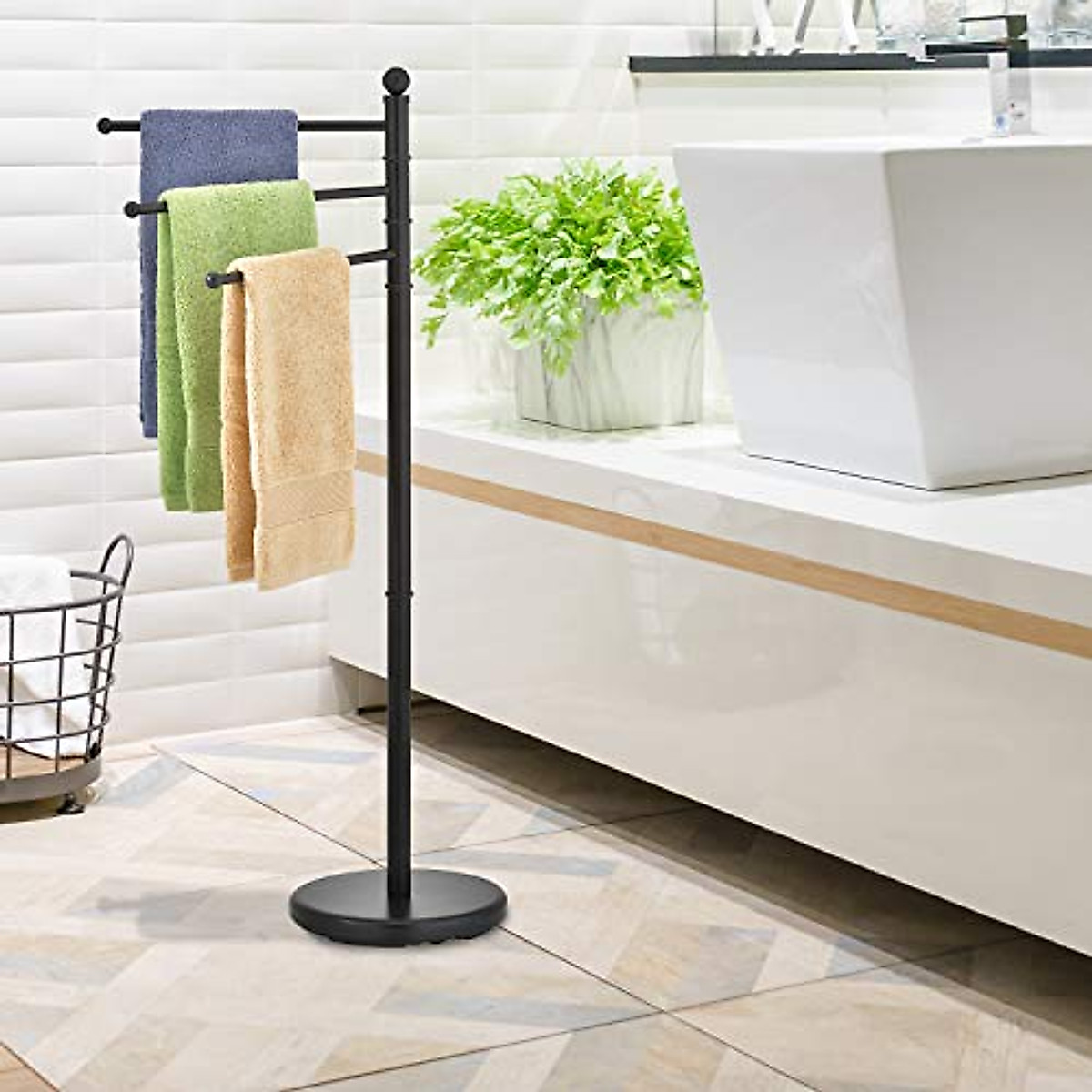 MyGift 40 Inch Freestanding Matte Black Towel Rack for Bathroom with 3 Swivel Bar Arms, Hanging Towel Holder Drying Rack