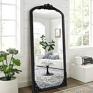 NeuType Arched Full Length Carved Dressing Mirror Solid Wood Frame Vintage Wall Mirror for Home Decor Bathroom Entryways Living Rooms, Black, 65"x 22"
