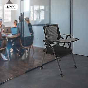 LOHISHILO 4pcs Mesh Guest Reception Stack Chair Tablet Arm Chair with Caster Arms for Office Conference, Reception, Training Room Chair, Schools, Meeting Rooms, Step Classrooms, Churches, Homes