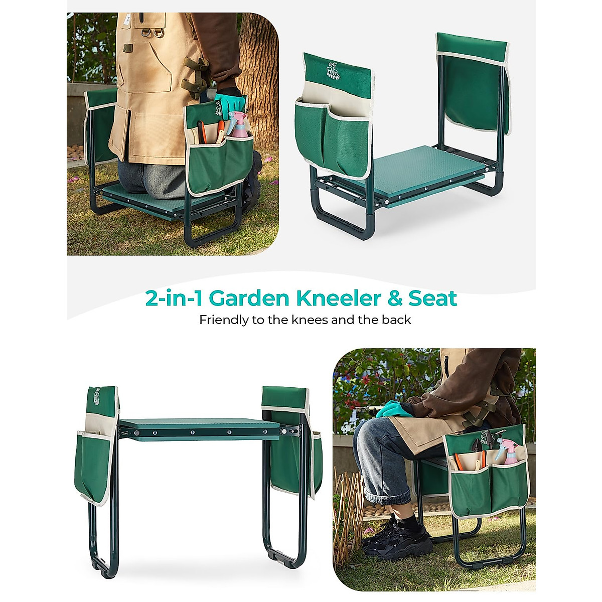 DEERFAMY Garden Stool 10.2" Width, Garden Kneeler and Seat Load Cap 350 lbs, Heavy Duty Gardening Stool with Extra Kneeling Pad, 2 Tool Pouches, Claw Gloves, Gift for Women Seniors, Green