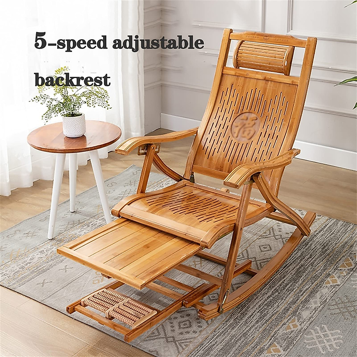 MEHWSUR Garden Recliner Chairs Patio Lounge Chairs Bamboo Rocking Chair Armchair Lounging Rocker Deck Relaxing Recliner Lounger Zero Gravity Chair Wooden Sun Lounger Chairs (Color : Without pad)