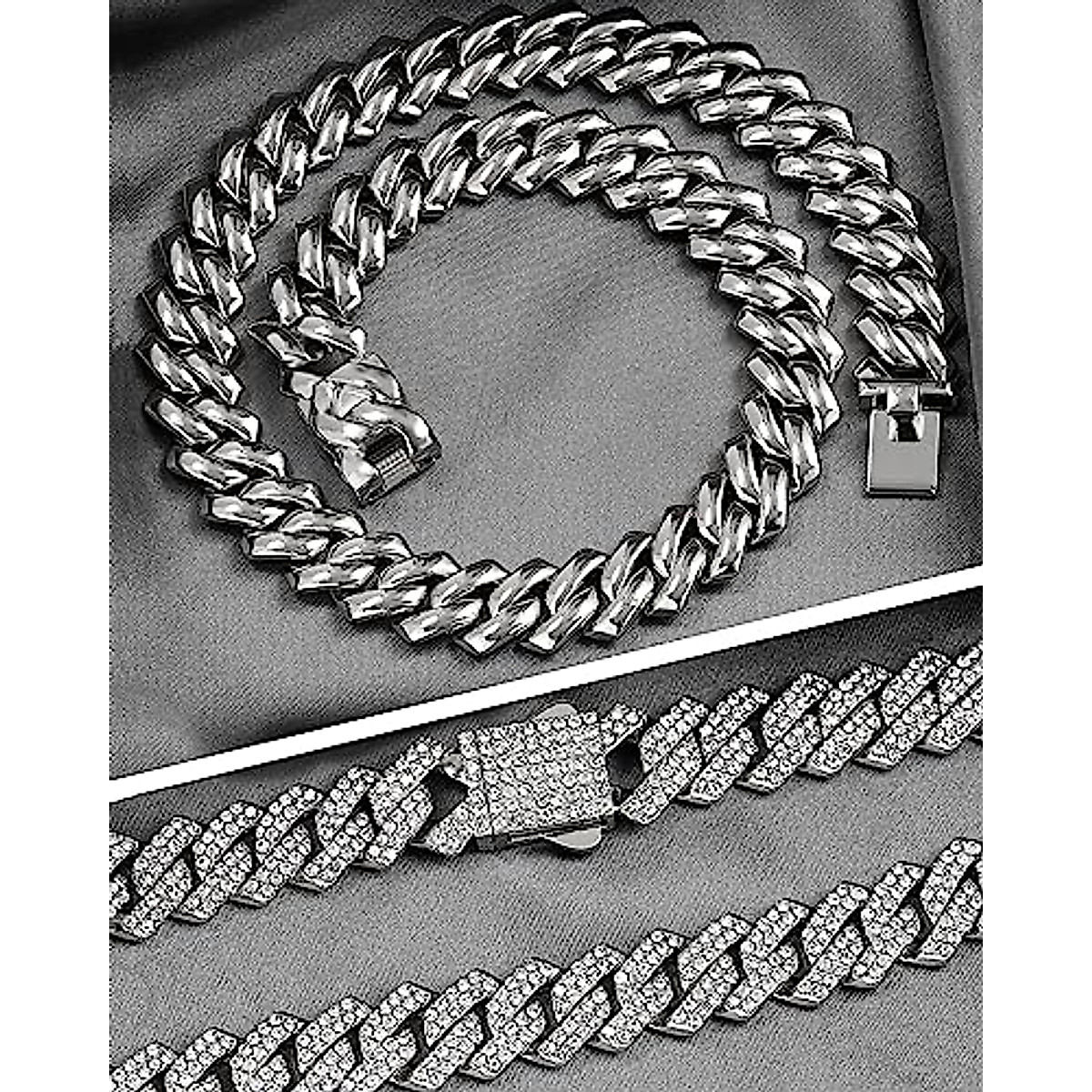 WKTYCCT 2pcs Cuban Link Chain for Men Women Iced Out Miami Cuban Necklaces Gold Silver 14mm Cuban Chain Necklace Sets Diamond Hip Hop Jewelry Gift (Silver, 16inch+18inch)