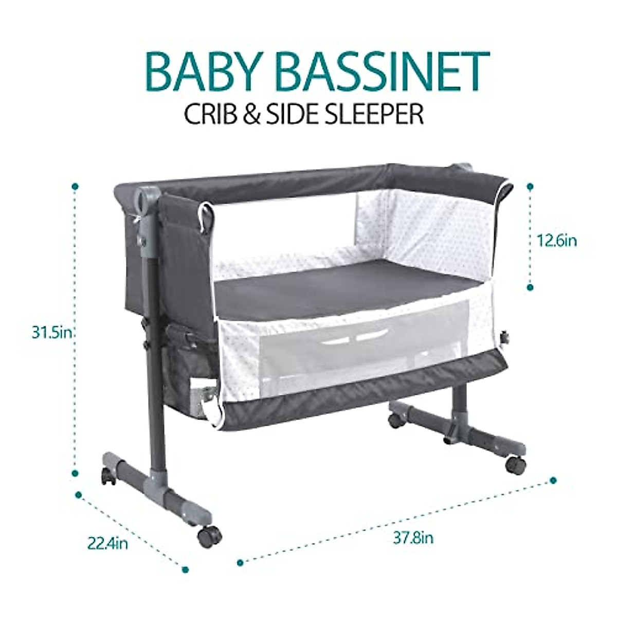 GoFirst Bedside Bassinet for Baby, Bedside Sleeper with Wheels, Heigt Adjustable, with Mosquito Nets, Large Storage Bag, for Infant/Baby/Newborn (Grey)