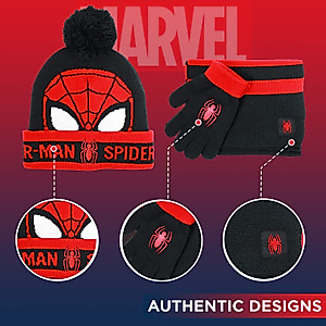 Marvel Spider-Man Kid’s Winter Hat Snow Gloves and Scarf for Boys and Toddlers 3 Pc Set Warm Pom-Pom Beanie with Accessories