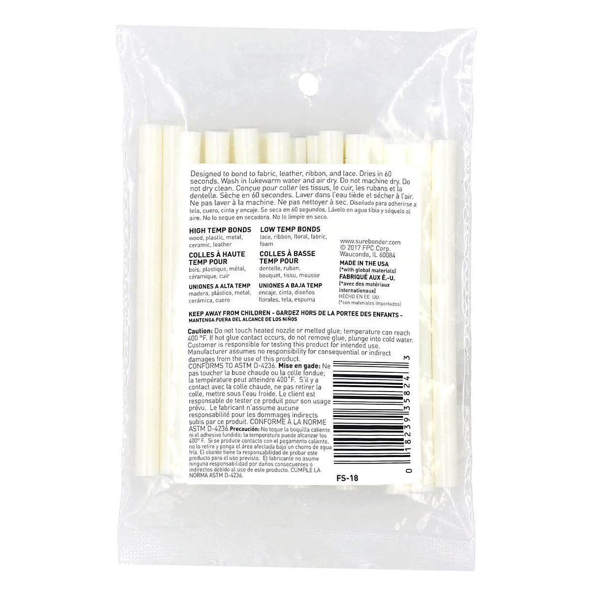 Surebonder Fabric Hot Glue Stick, Mini Size 4" L, 5/16" D - 18 Pack, Machine Washable, Use with High Temperature Glue Guns - Made in USA (FS-18), Creamy White