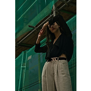 Pettata Women Belt for Jeans Dress Cinch Waist Belt for Ladies Black Faux Leather Belt with Gold Buckle