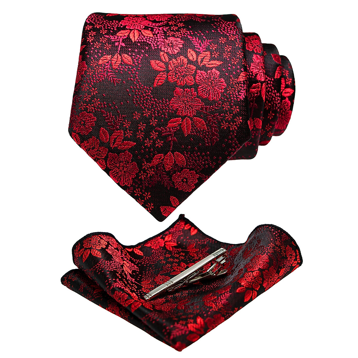 JEMYGINS Silk Red Floral Necktie and Pocket Square, Hankerchief and Tie Bar Clip Sets for Men (1)