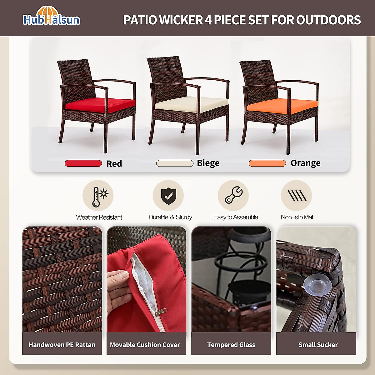 Hubhalsun Patio Wicker 4 Piece Set for Outdoors,Garden Wicker Funiture for Backyard, Indoor Rattan Chair, 4-Person Seating Group with Cushion (Orange)